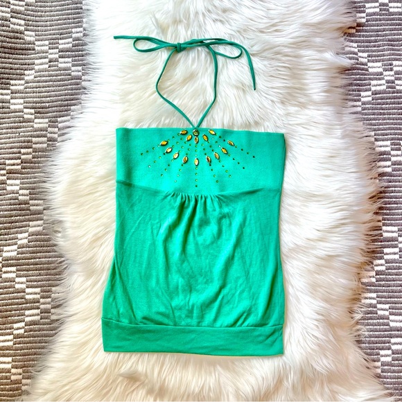 Tops | Aqua Teal Gemmed Halter Beach Top Xs | Poshmark